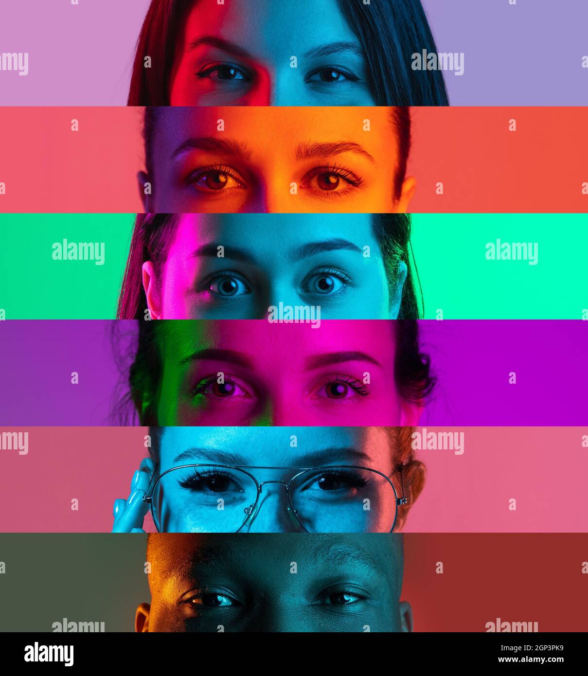 Horizontal collage of cropped male and female eyes placed on narrow ...