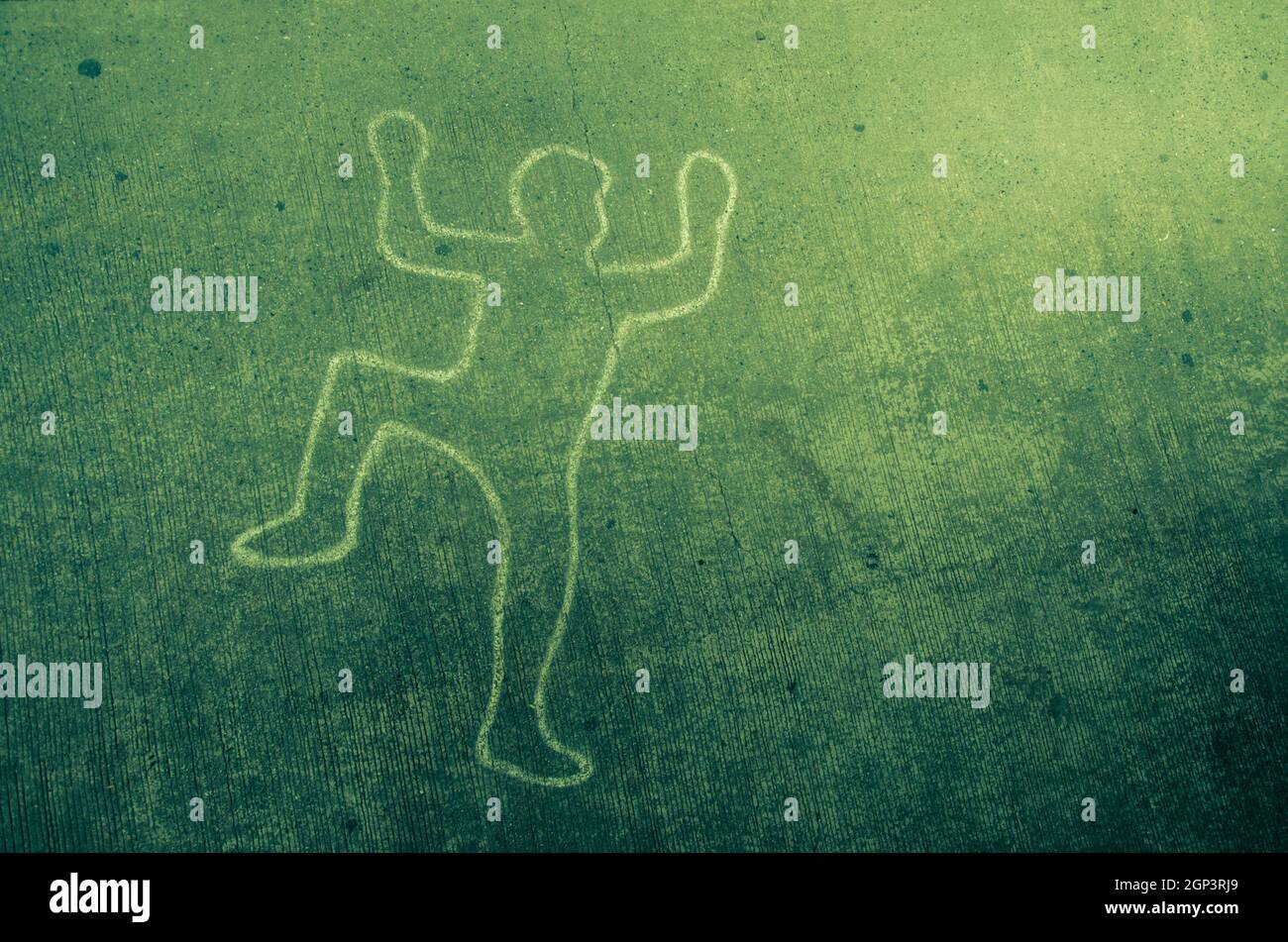 Crime scene chalk line of an auto accident with tire skid marks leading ...