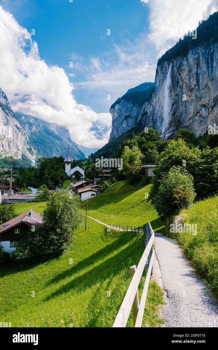 Lauterbrunnen valley, the village of Lauterbrunnen, the Staubbach Fall ...
