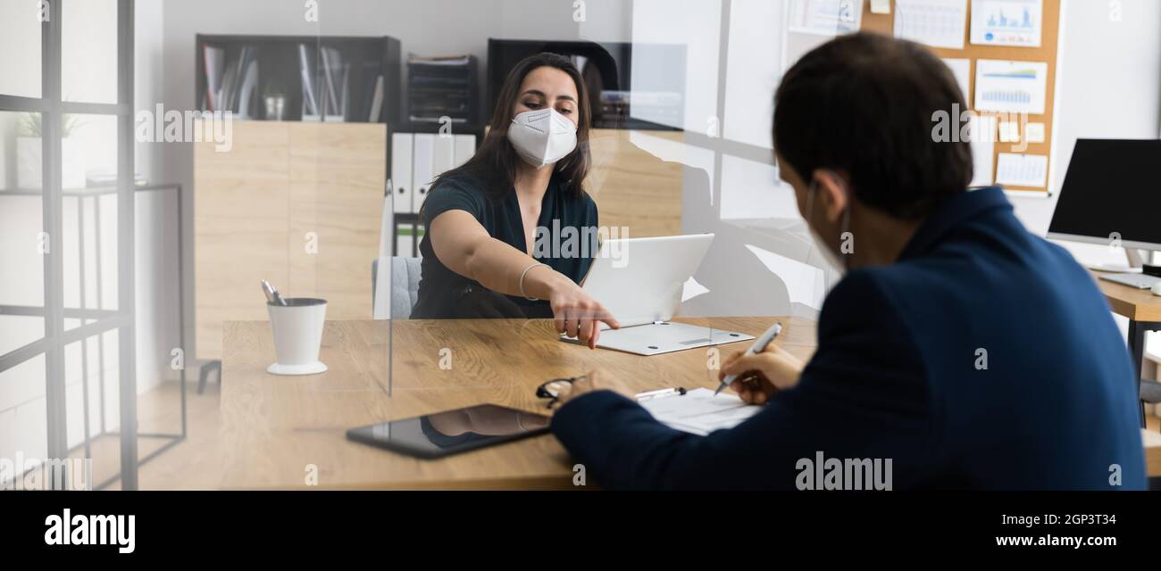 Business Job Interview Wearing Face Mask And Social Distancing Stock ...