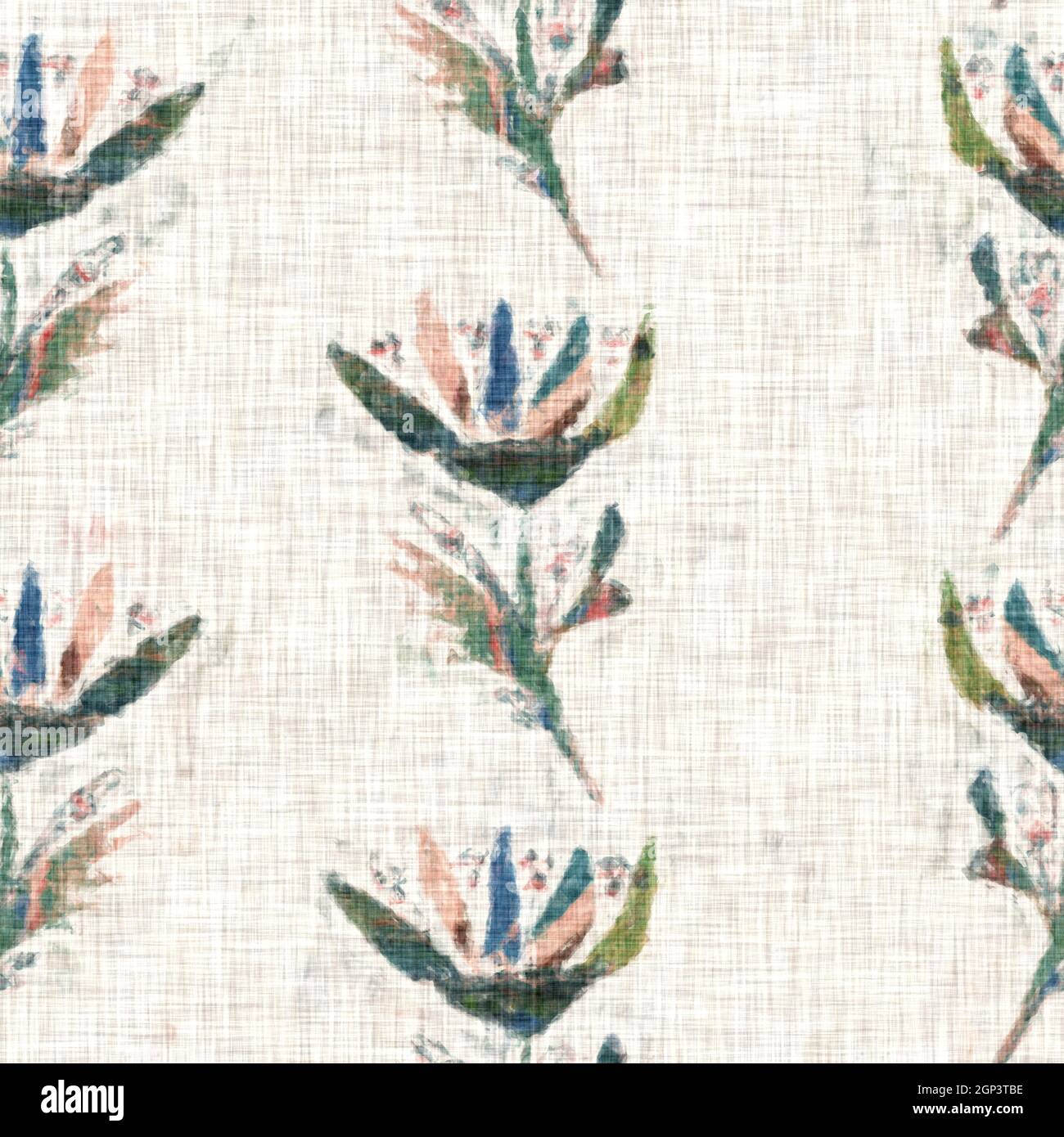 Hand drawn grey flower motif linen texture. Whimsical garden seamless ...