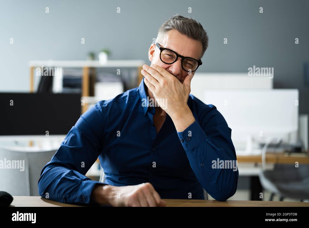 Sleepy Employee Person Portrait In Video Conference Call Stock Photo ...