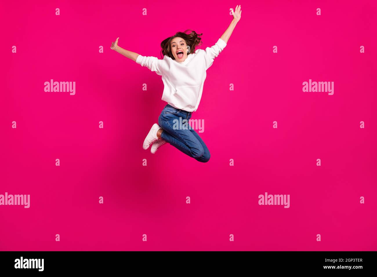 Full size photo of young cheerful girl happy positive smile jumper ...