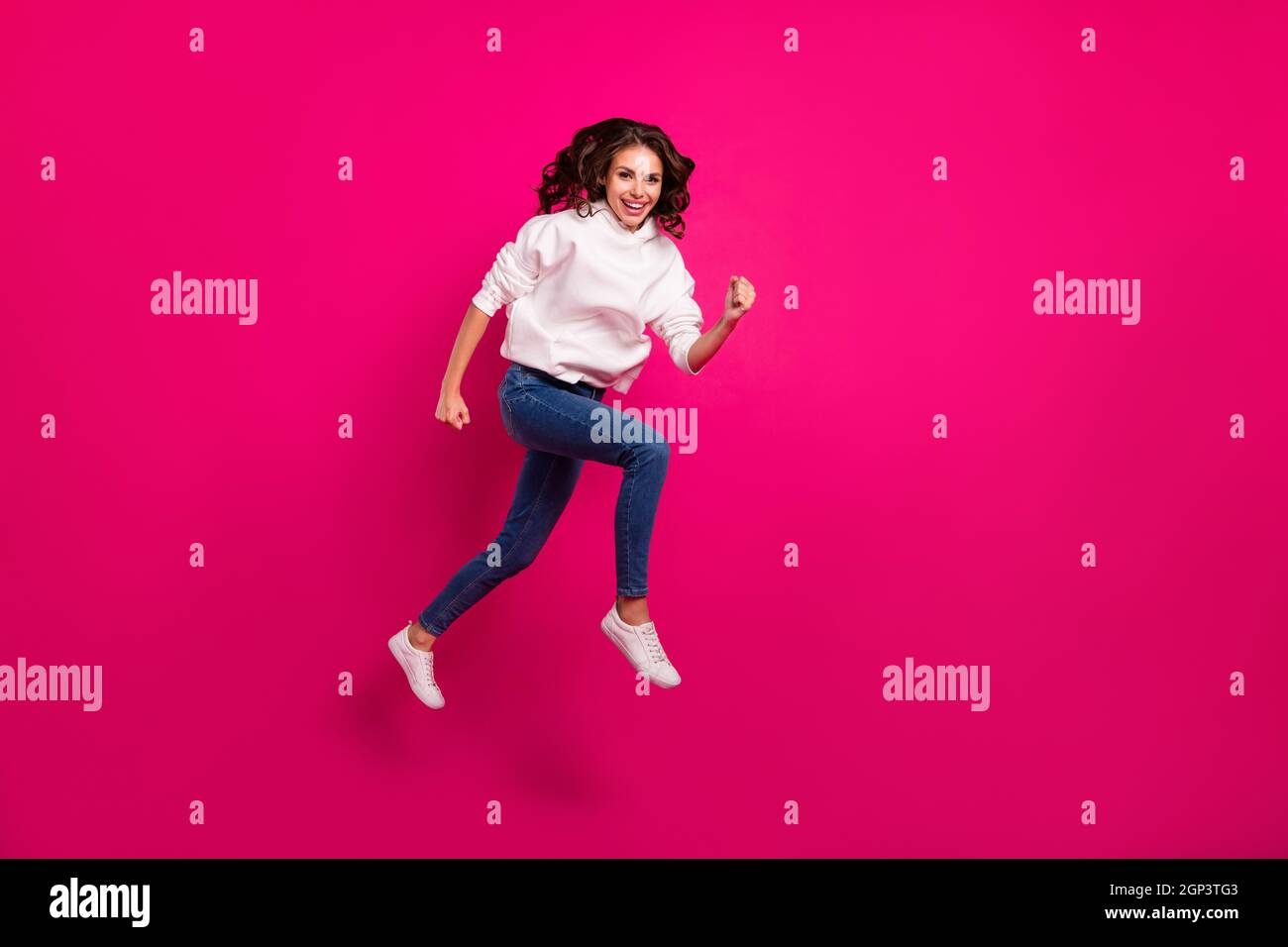 Full length profile side photo of young cheerful girl happy positive ...