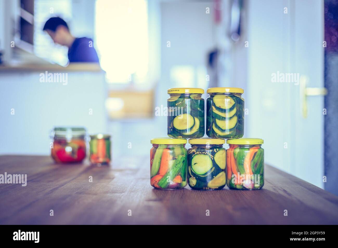 Preserving and conserving a variety of vegetables in glasses Stock ...