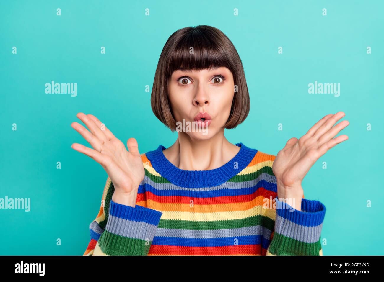 Photo of young woman amazed shocked omg wow fake novelty information ...