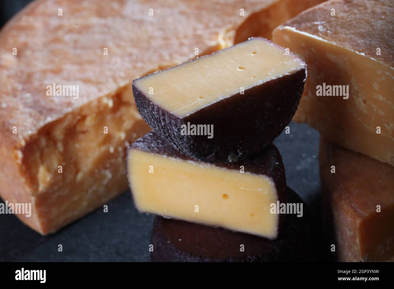 Hard cheeses in the assortment. Large chunks of cheese. Cheese with the ...