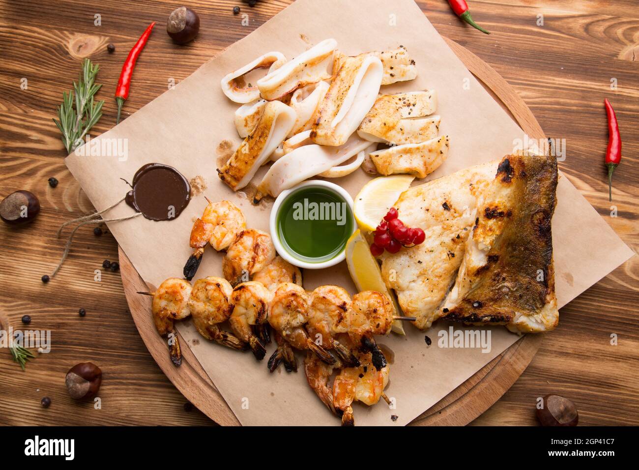 hot snacks from fish and seafood. Assorted fried seafood: fried squid ...