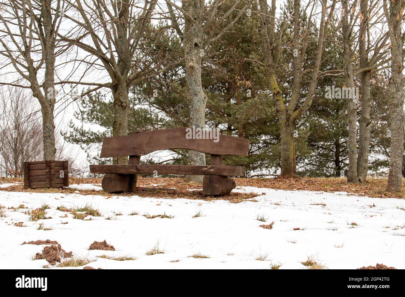 Empty wooden bench in a park at winter time Stock Photo - Alamy