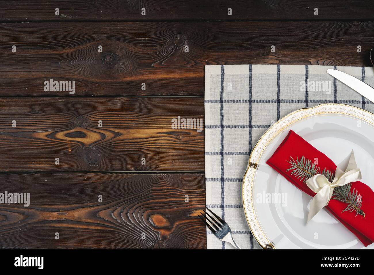 Rustic style table setting on wooden background Stock Photo - Alamy