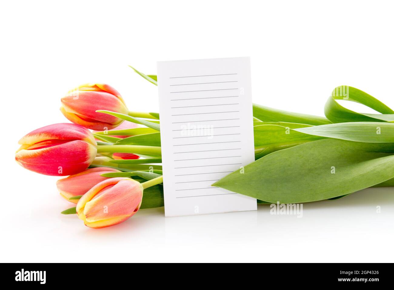Tulips bouquet with a message card over white background Stock Photo ...
