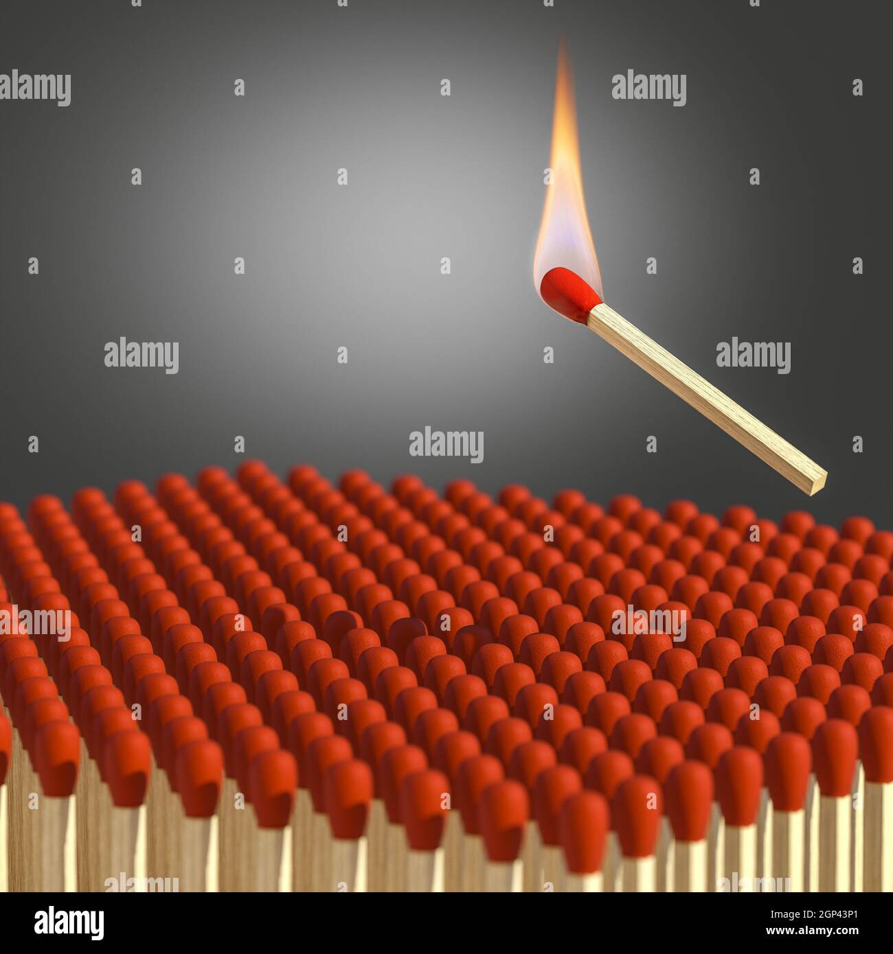 lit match is about to fall on a group of matches. 3d render. danger ...