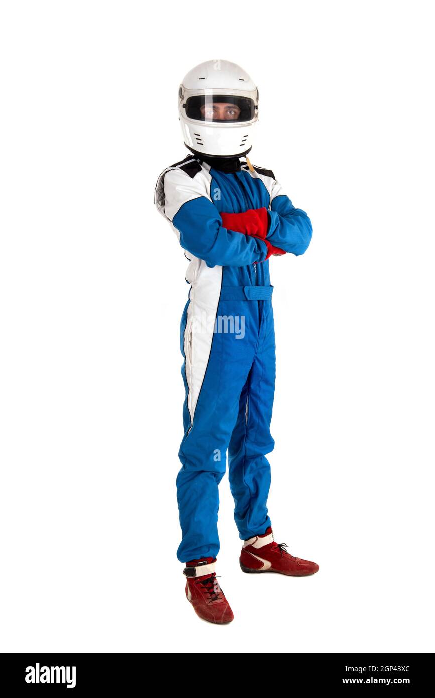 Racing driver posing with helmet isolated in white Stock Photo - Alamy