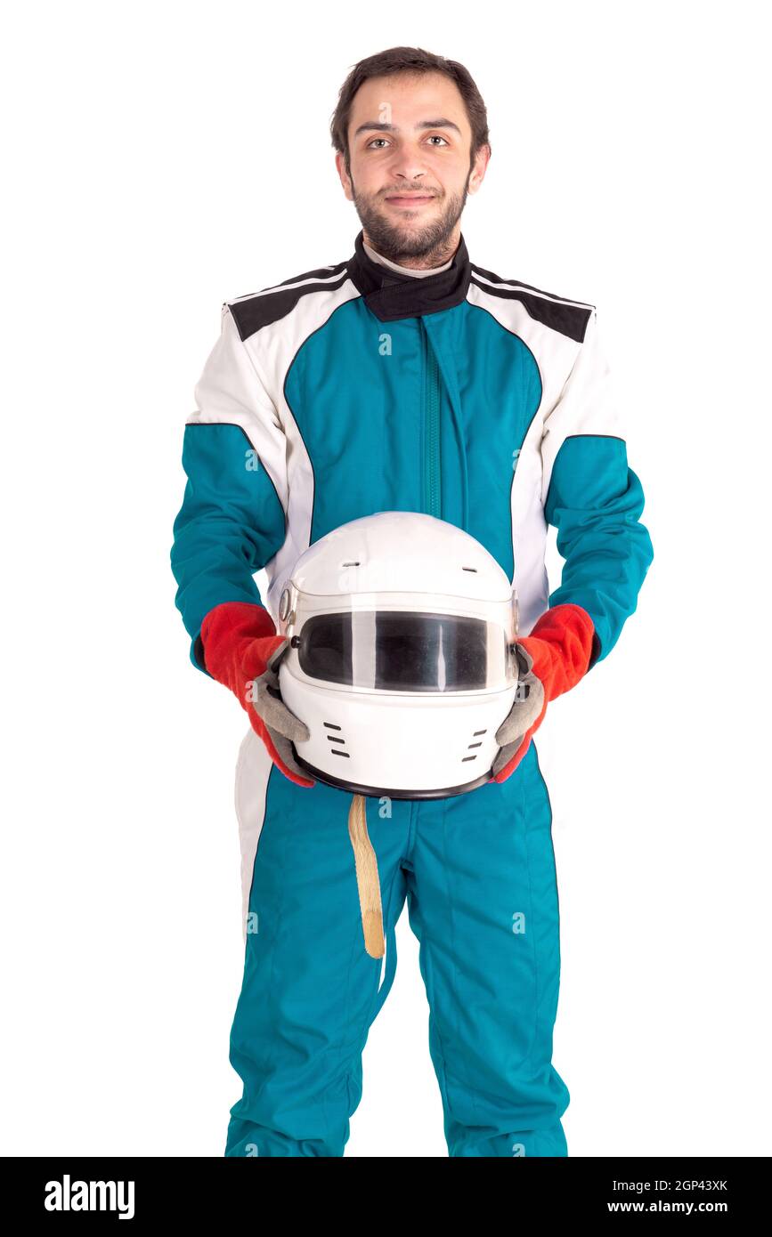 Racing driver posing with helmet isolated in white Stock Photo - Alamy