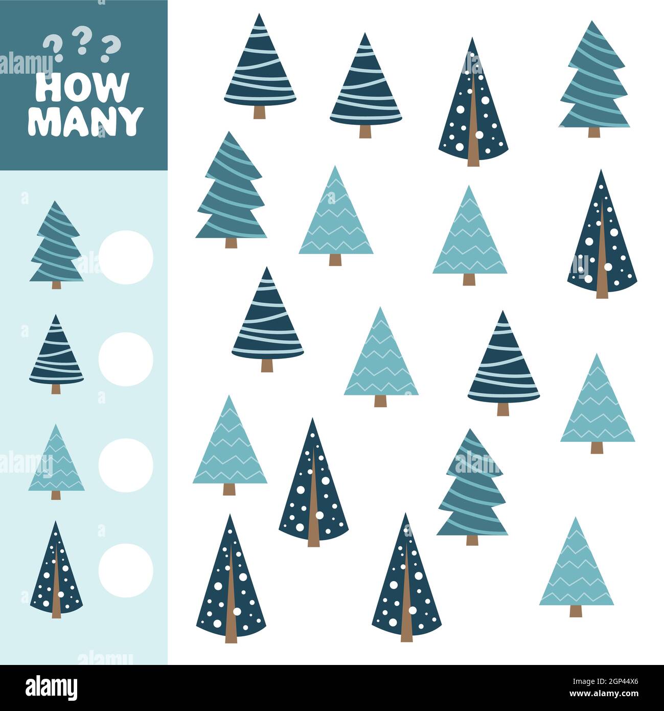 Mathematical game for children. How many blue Christmas tree. Vector ...