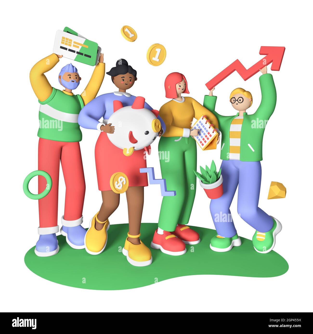Handling money wisely cartoon style characters. Cheerful people show a ...