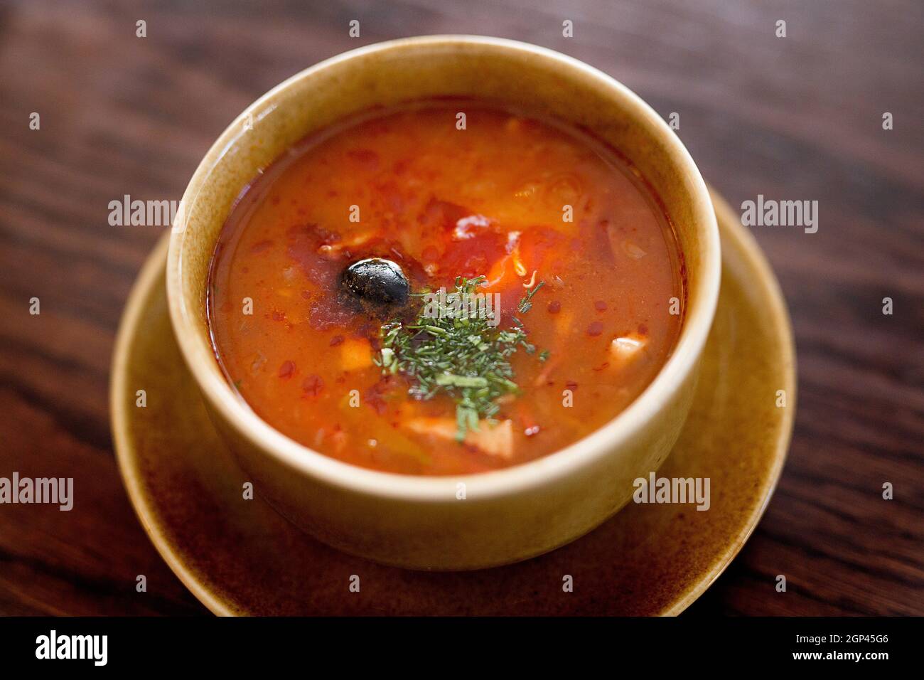 Hot soup with meat and vegetables. Traditional Russian meat soup ...