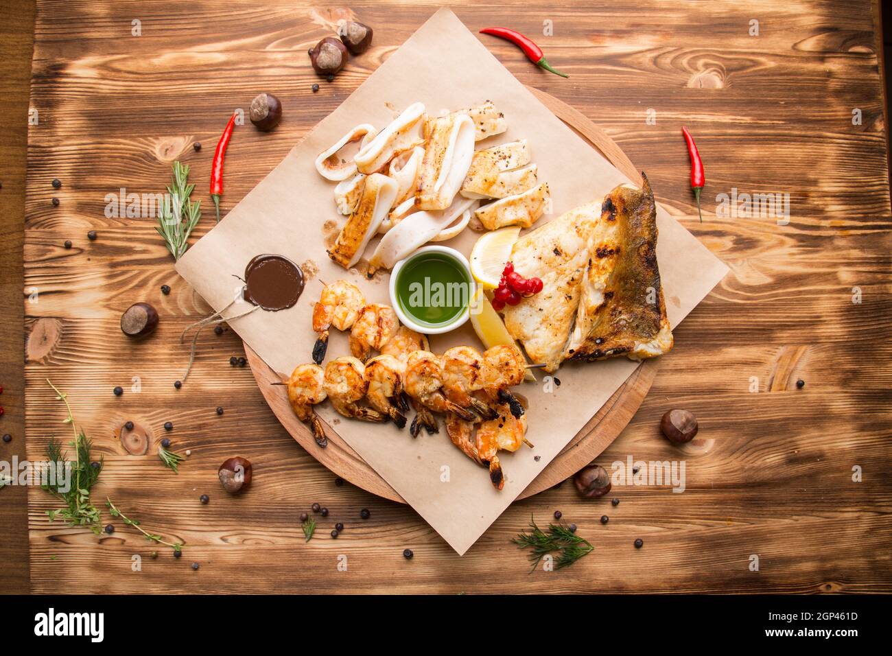 hot snacks from fish and seafood. Assorted fried seafood: fried squid ...