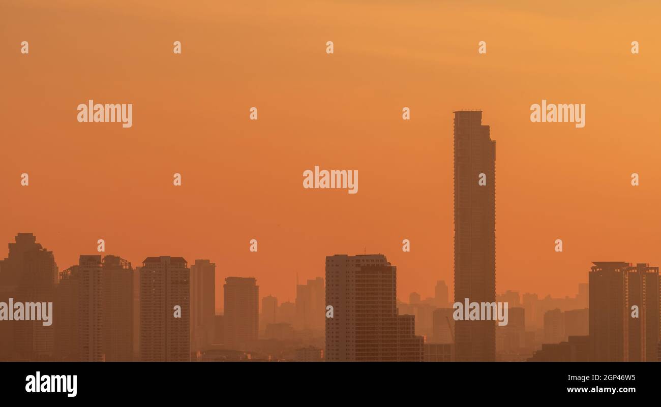Air pollution. Smog and fine dust of pm2.5 covered city in the morning ...