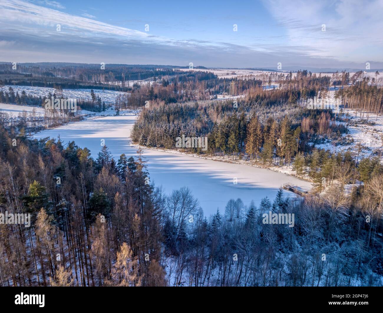 Aerial bird view of beautiful winter landscape with frozen water ...