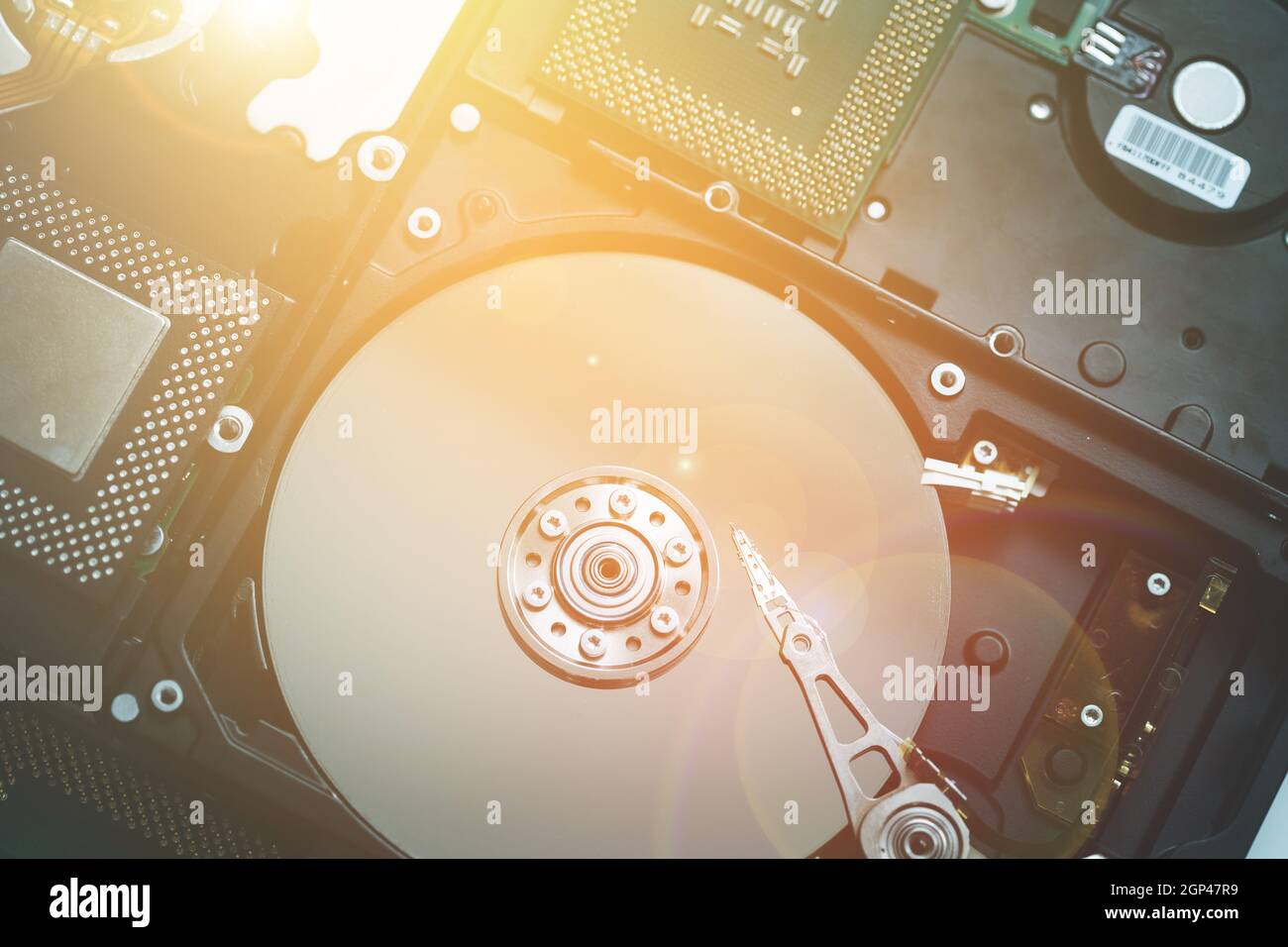 Close up picture of computer hard drive, used in cloud computing ...