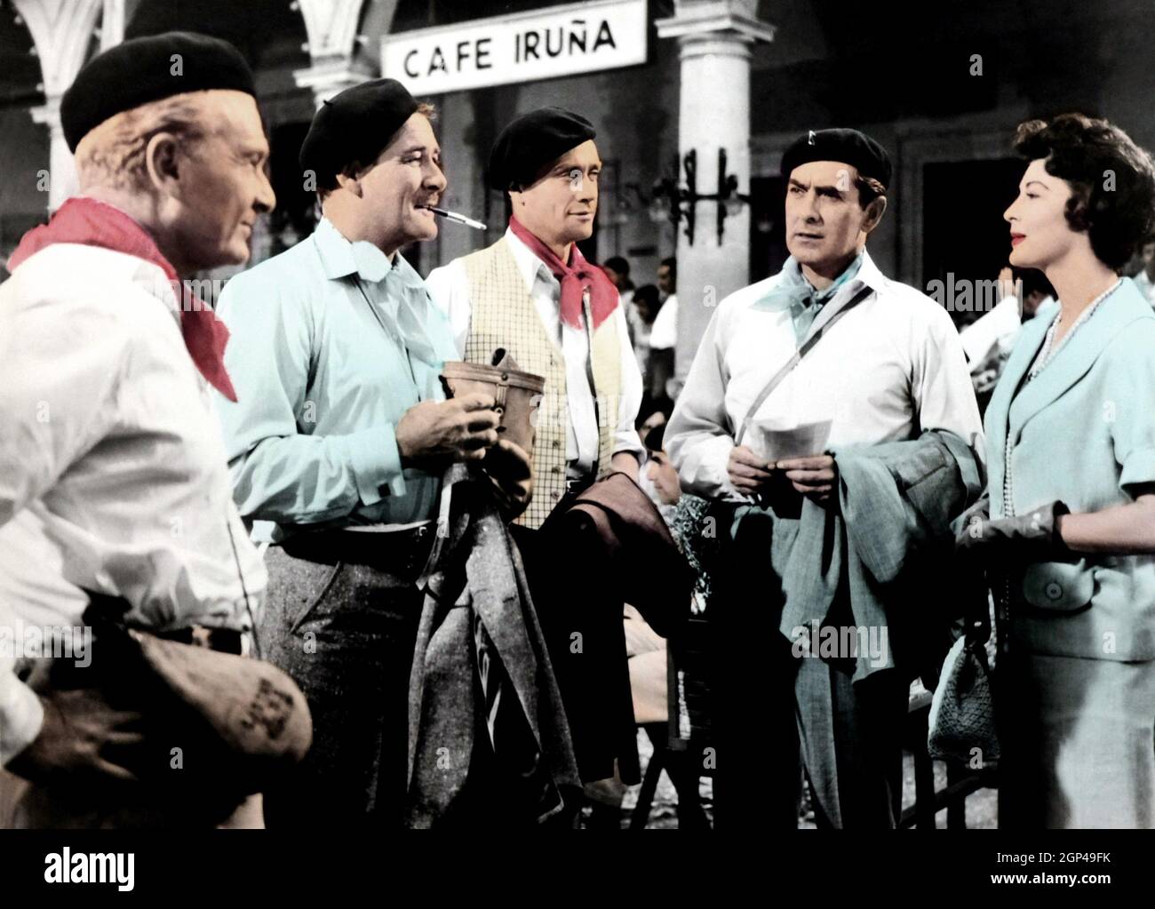 THE SUN ALSO RISES, from left, Eddie Albert, Errol Flynn, Mel Ferrer, Tyrone Power, Ava Gardner ...