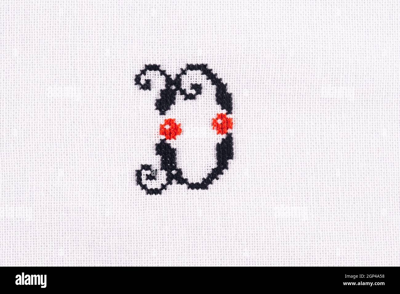 Letter D of Embroidered Cross - Stitch Latin Alphabet on White Linen ...