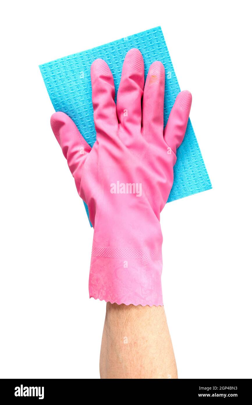 Hand cleaning with blue microfiber cloth on a white background Stock ...