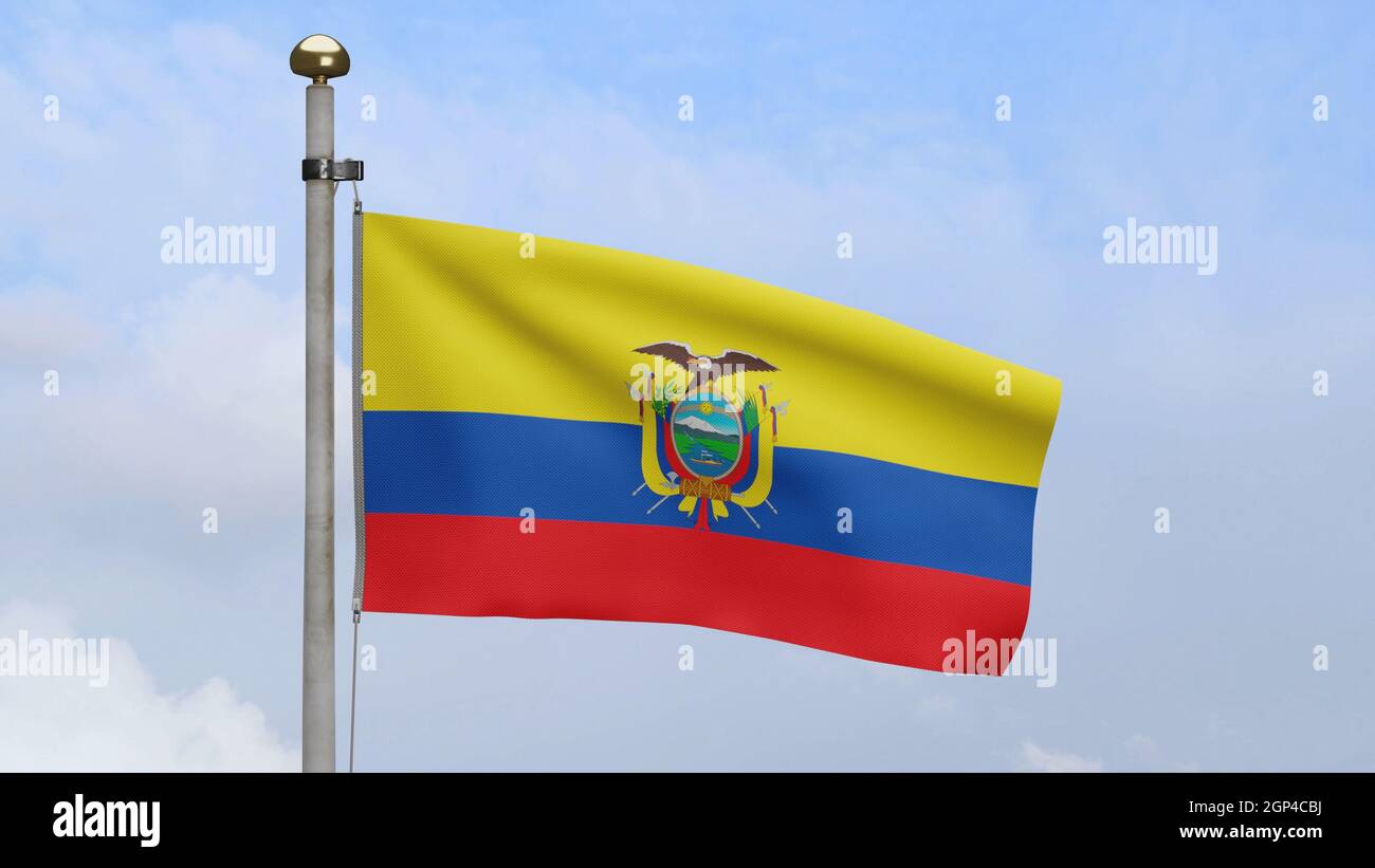 3D, Ecuadorian flag waving on wind with blue sky and clouds. Close up ...