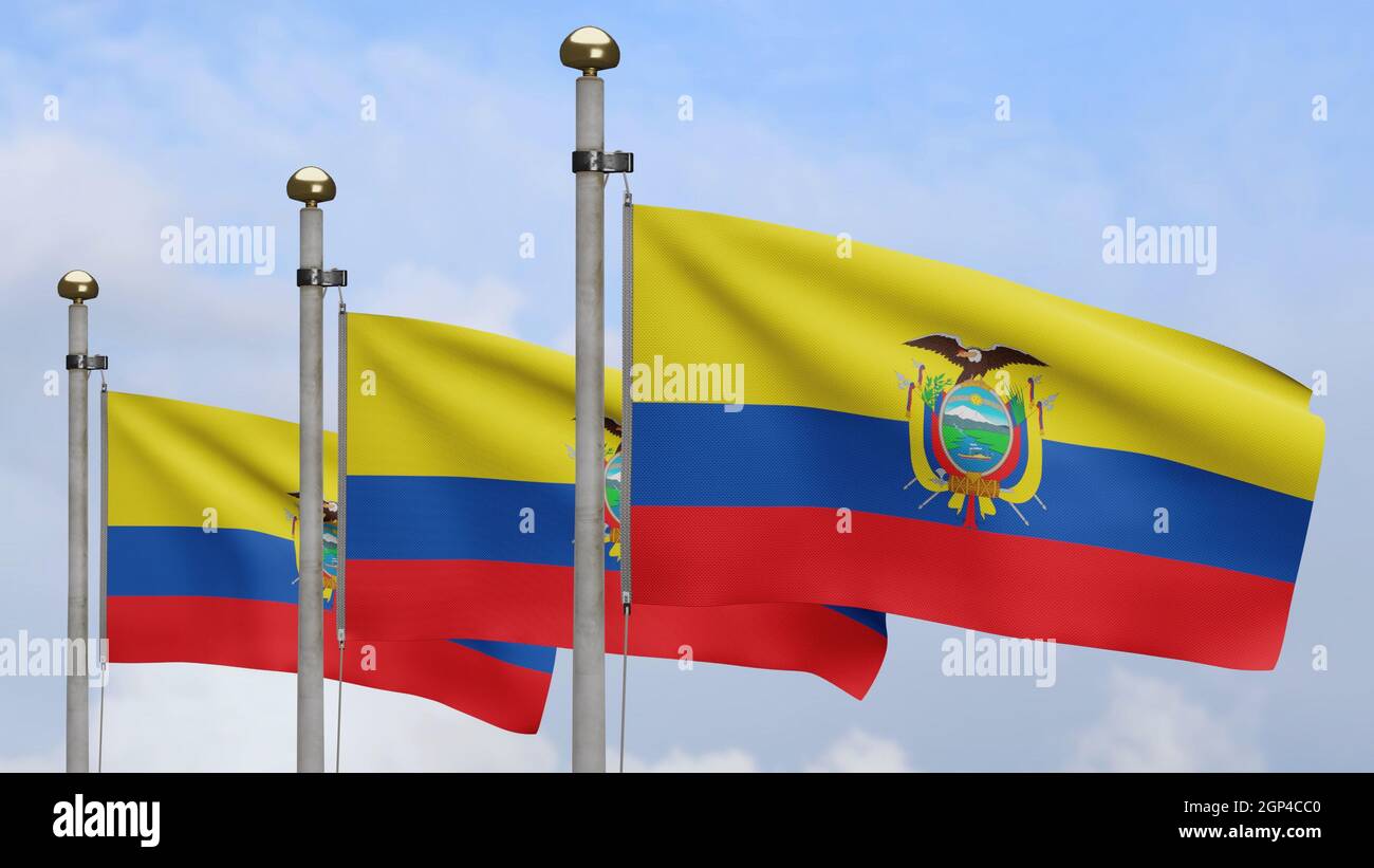 3D, Ecuadorian flag waving on wind with blue sky and clouds. Ecuador ...