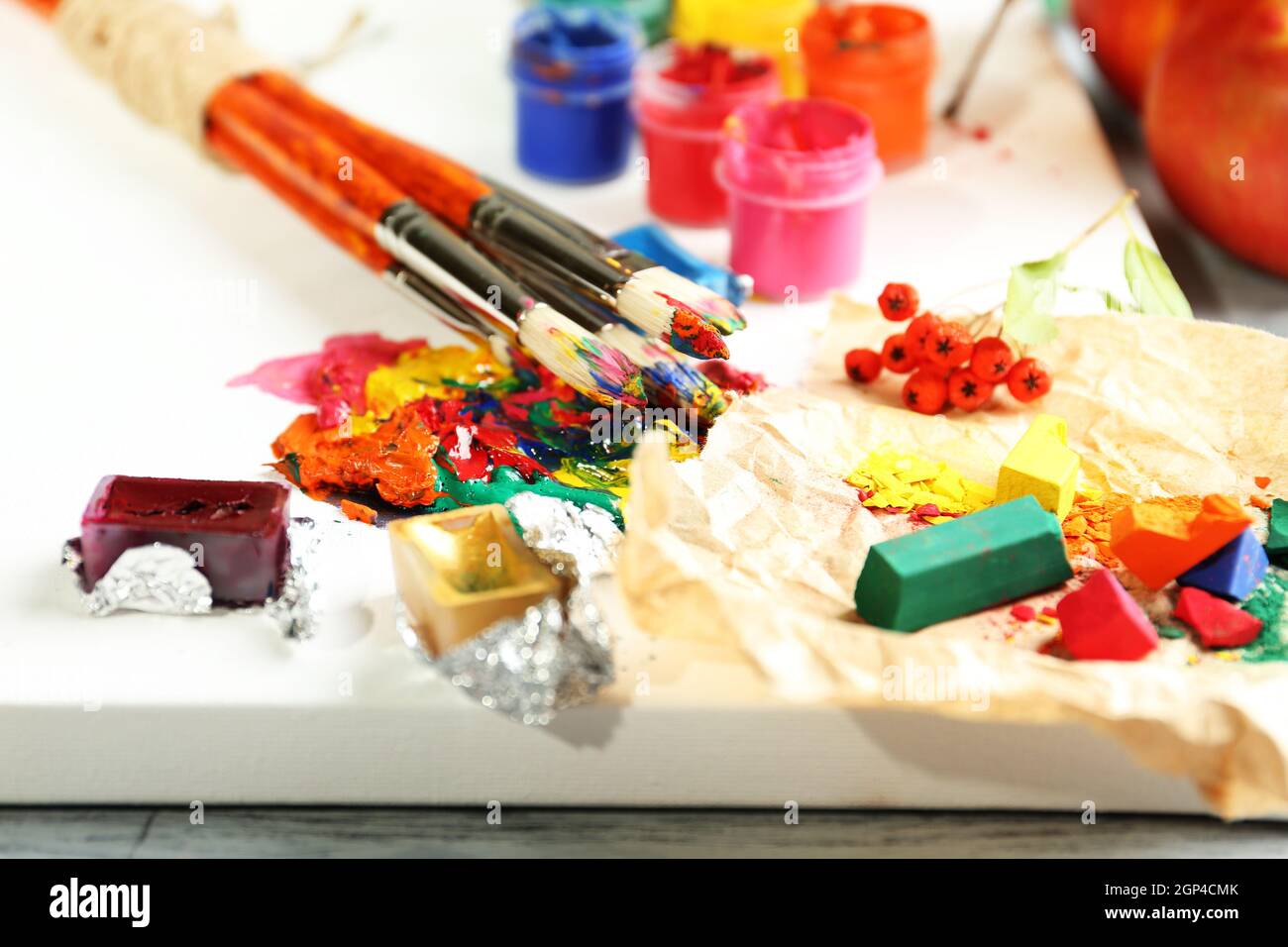 a items placed in a row of vivid, tidy colors Stock Photo - Alamy