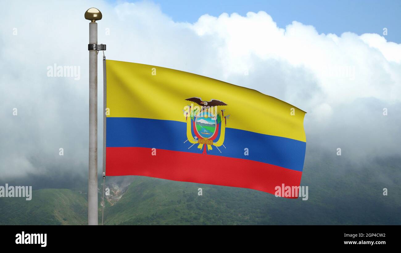 3D, Ecuadorian flag waving on wind at mountain. Close up of Ecuador ...