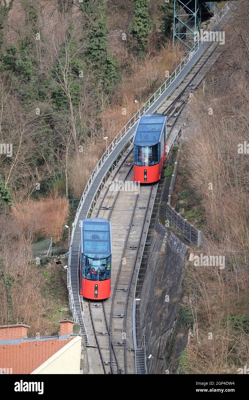 Modern funicular climbing to Schlossberg and Graz city panoramic view ...