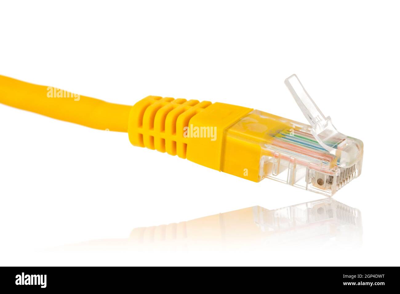 Closeup of yellow network ethernet cable on white background with space ...