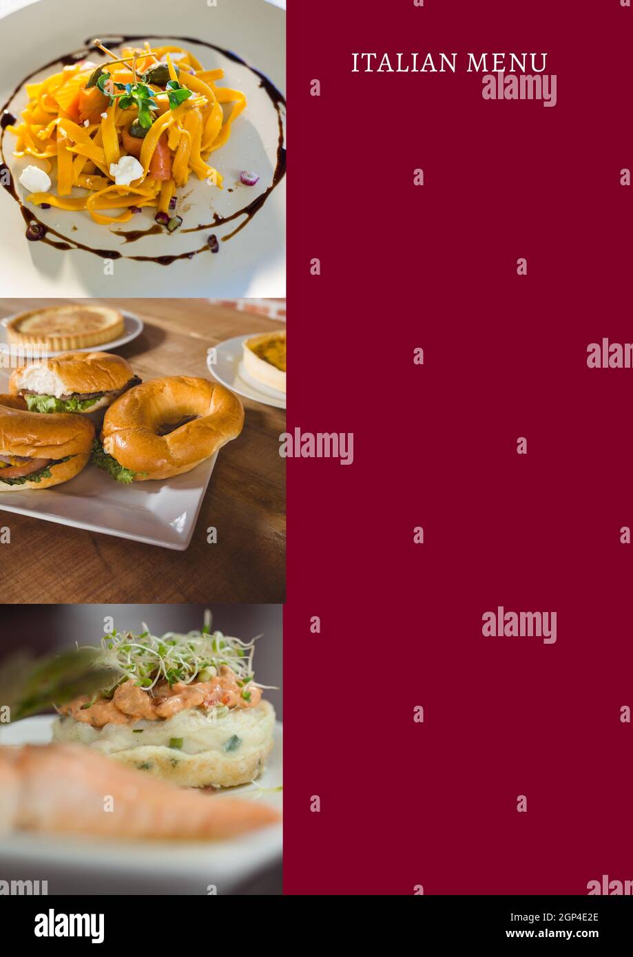 Composition of italian menu text and fresh breakfast on red background ...