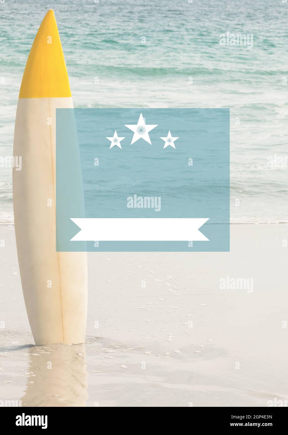 Composition of blue frame over yellow surfboard on beach Stock Photo ...