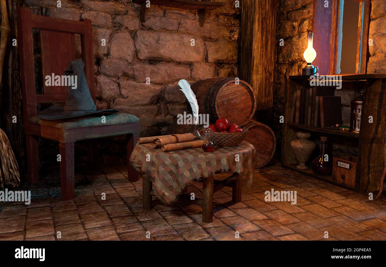 3D rendering of a medieval fairy tale cottage interior Stock Photo - Alamy