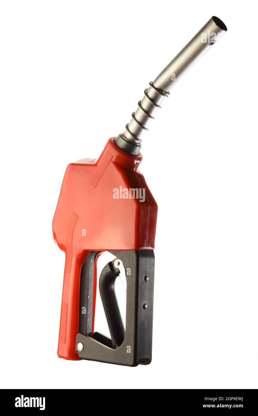 An isolated over a white background image of a red gas nozzle Stock ...