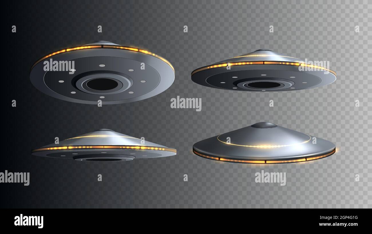 UFO spaceship with lights isolated. Set of vector flying 3d alien space ...