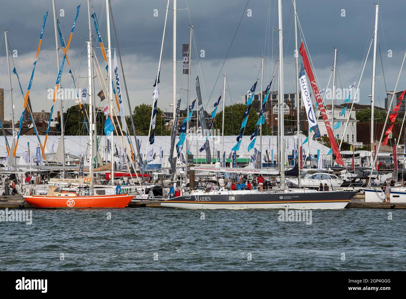 Southampton, England, UK. 2021. View from Southampton Water of the annual boat show at Mayflower ...