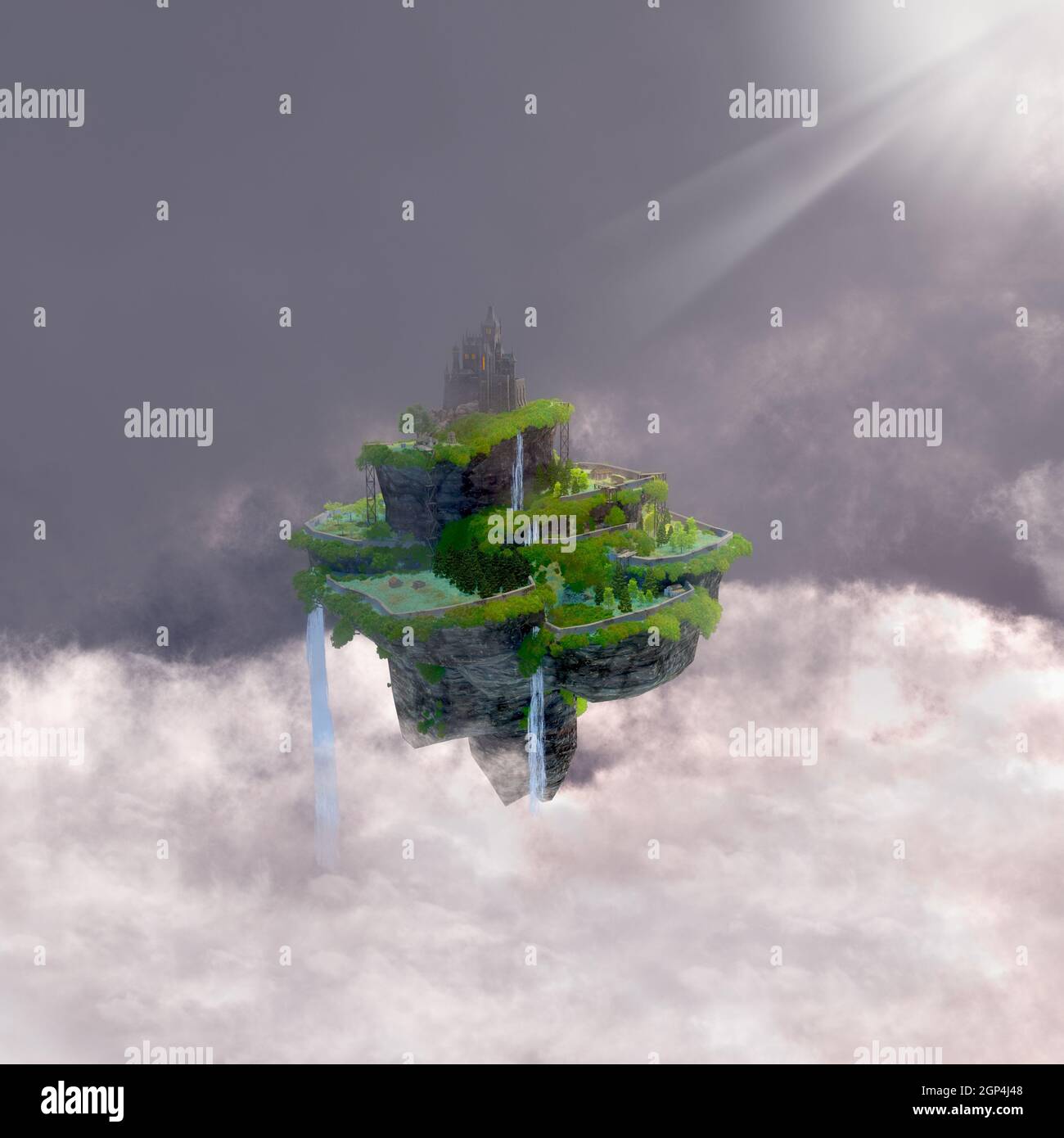 A fantasy realm of a castle with terraces floating in the clouds in a ...