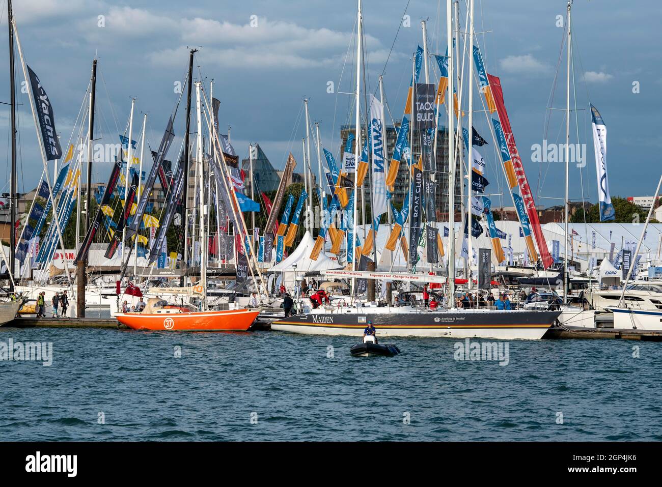 Southampton, England, UK. 2021. View from Southampton Water of the annual boat show at Mayflower ...