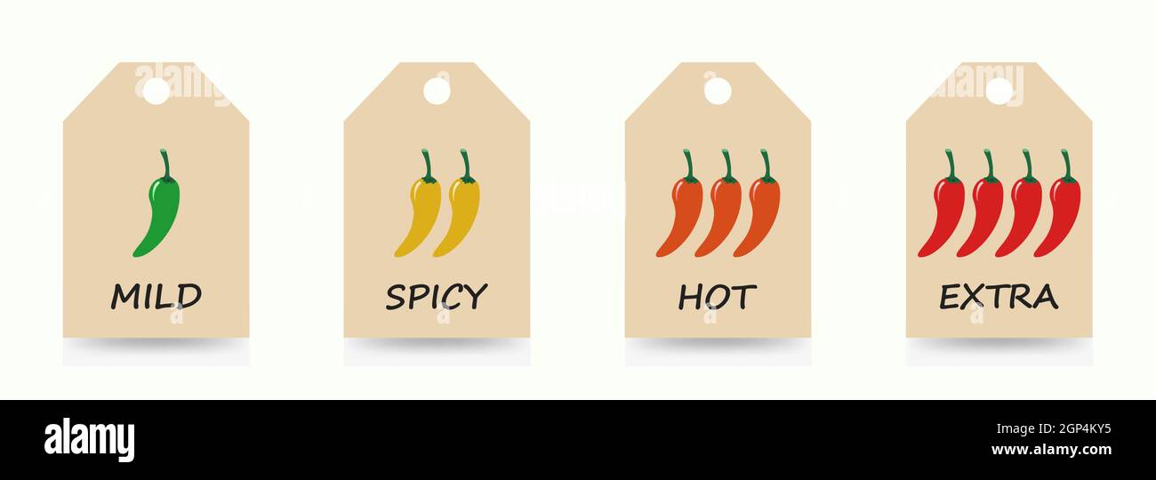 Spicy chili pepper sauce level scale on labels. Traditional Mexican and ...