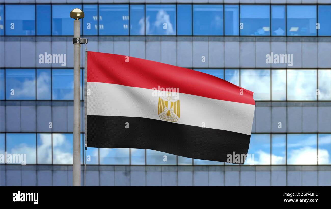 3D, Egyptian flag waving on wind with modern skyscraper city. Close up ...