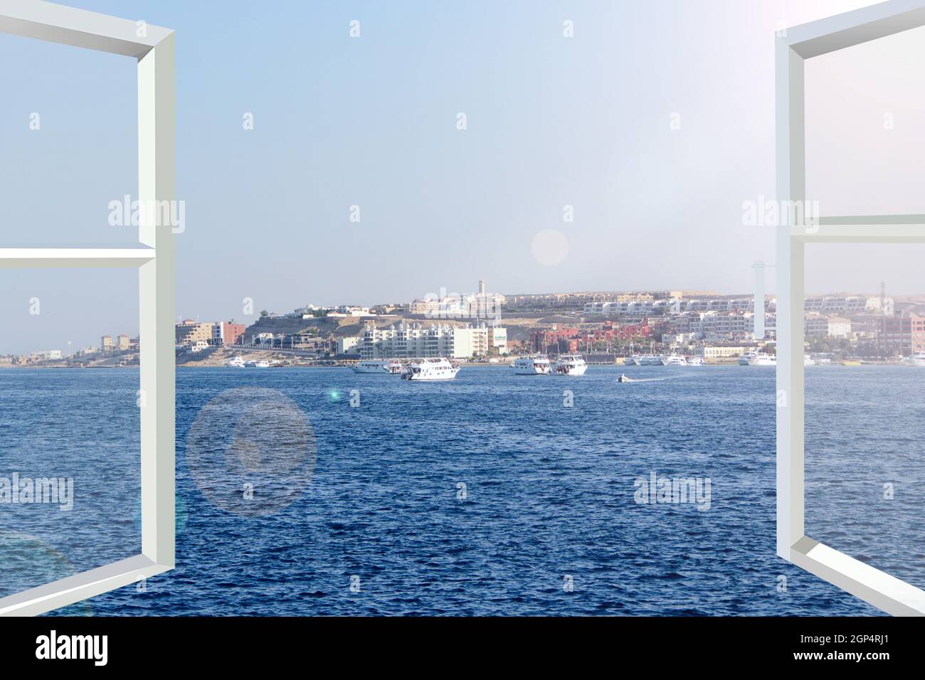 Opened window overlooking sea. Landscape with ocean and sea port ...
