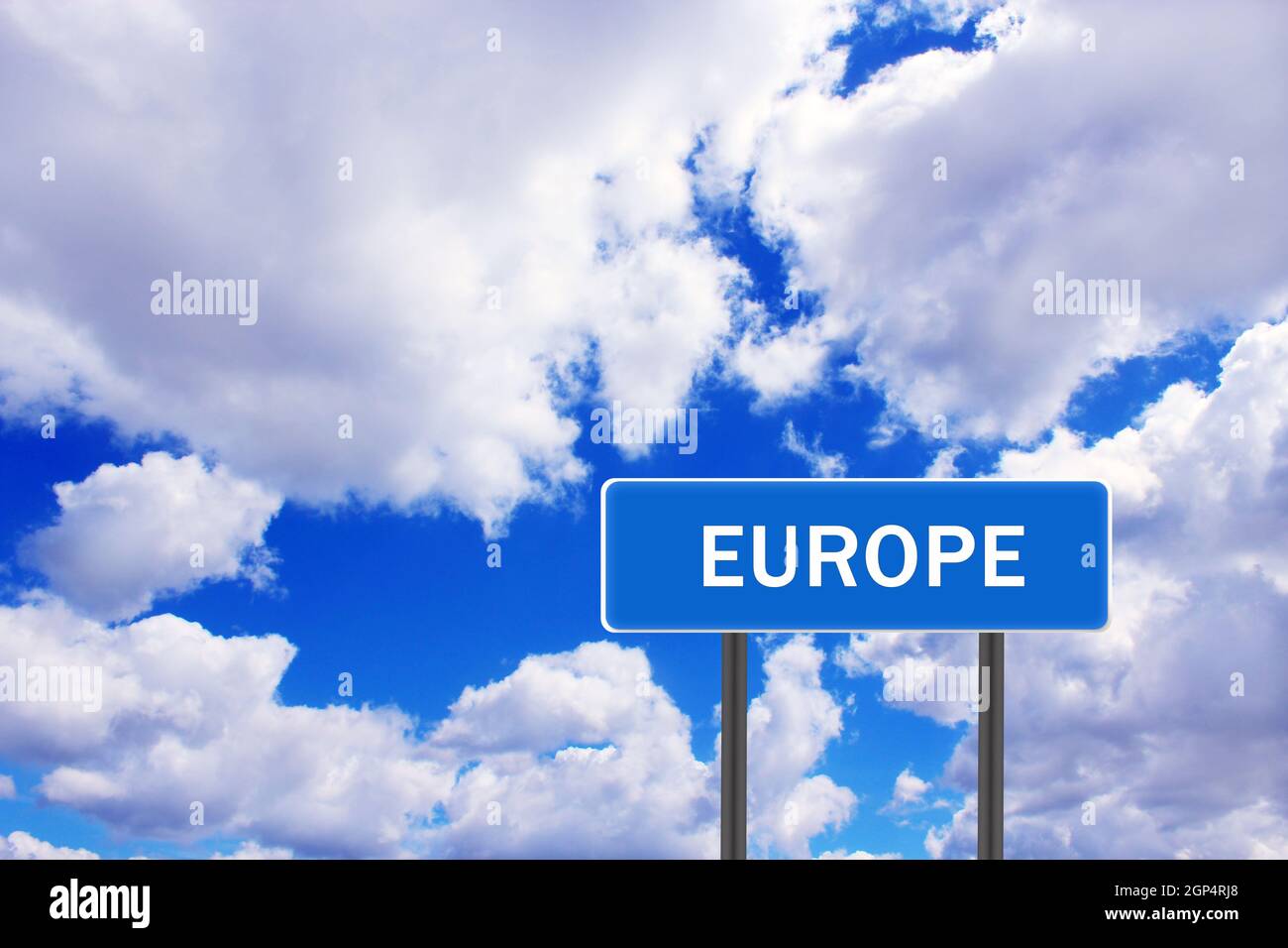 Sign with inscription Europe with view of sky. Road sign indicating the ...
