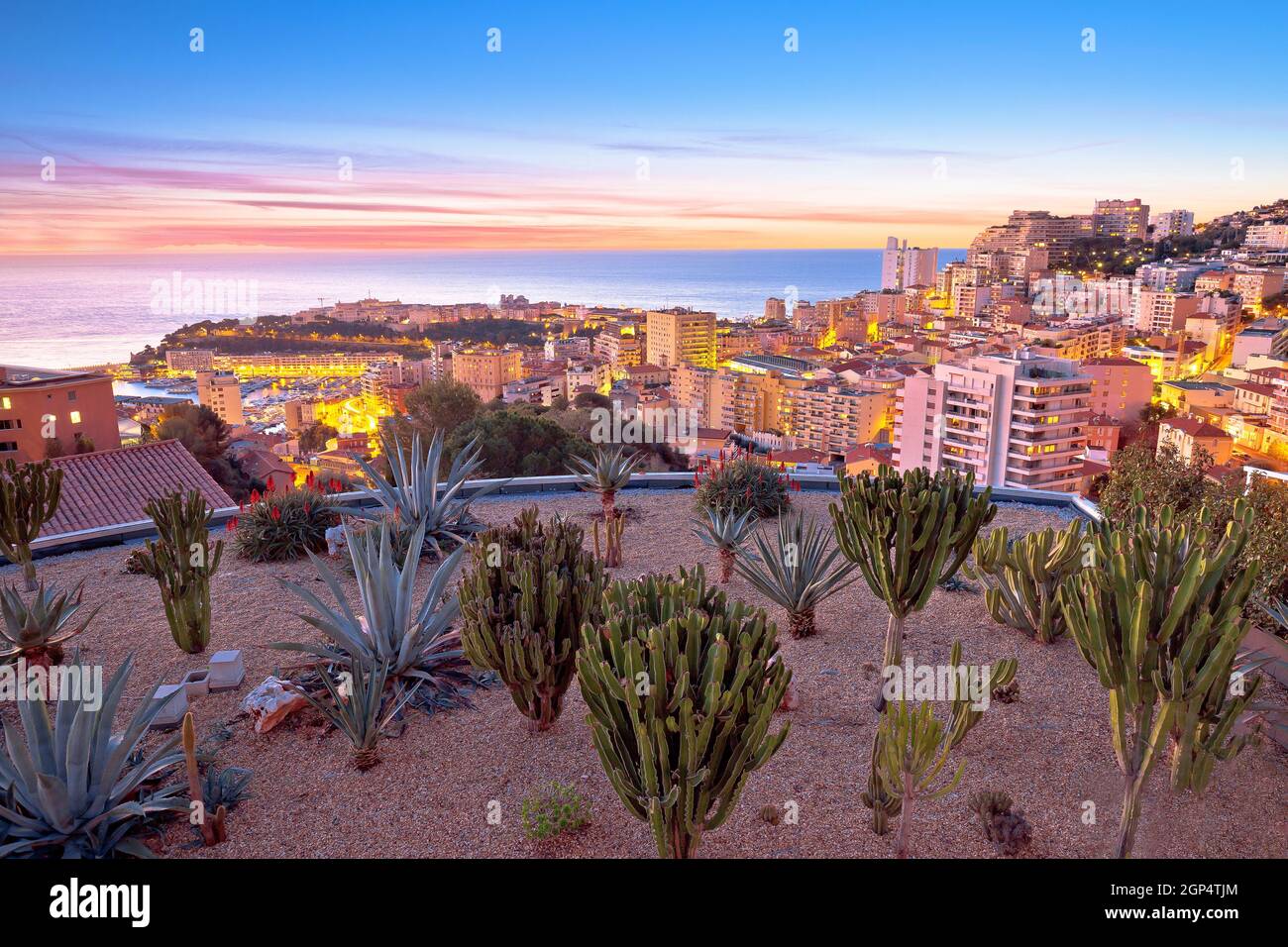 Monaco and Monte Carlo cityscape sunset lights view, Principality of ...