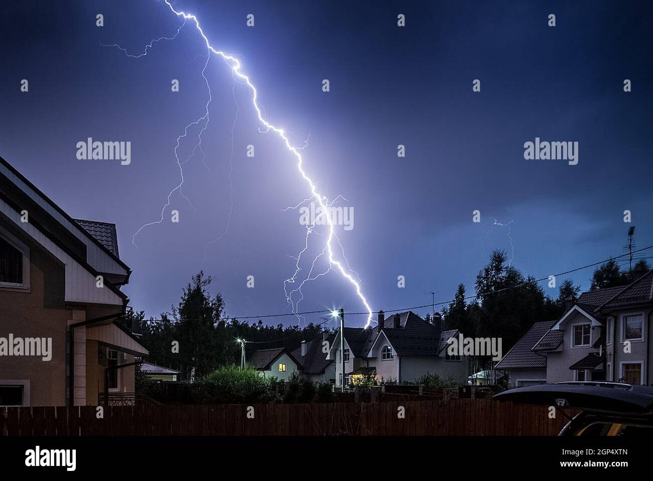 Lightning in the sky outside the city. Lightning during a thunderstorm ...