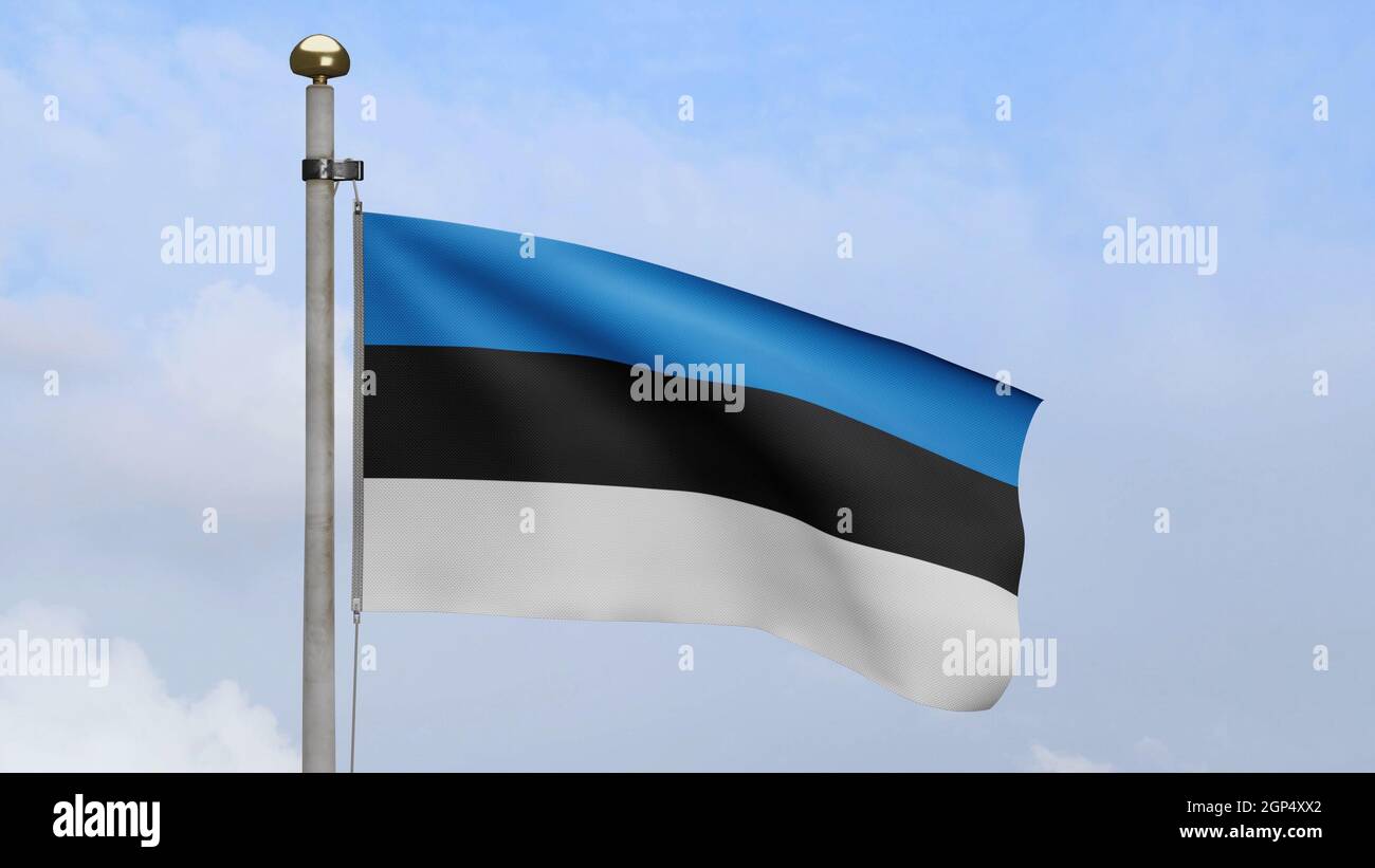 3D, Estonian flag waving on wind with blue sky and clouds. Estonia ...