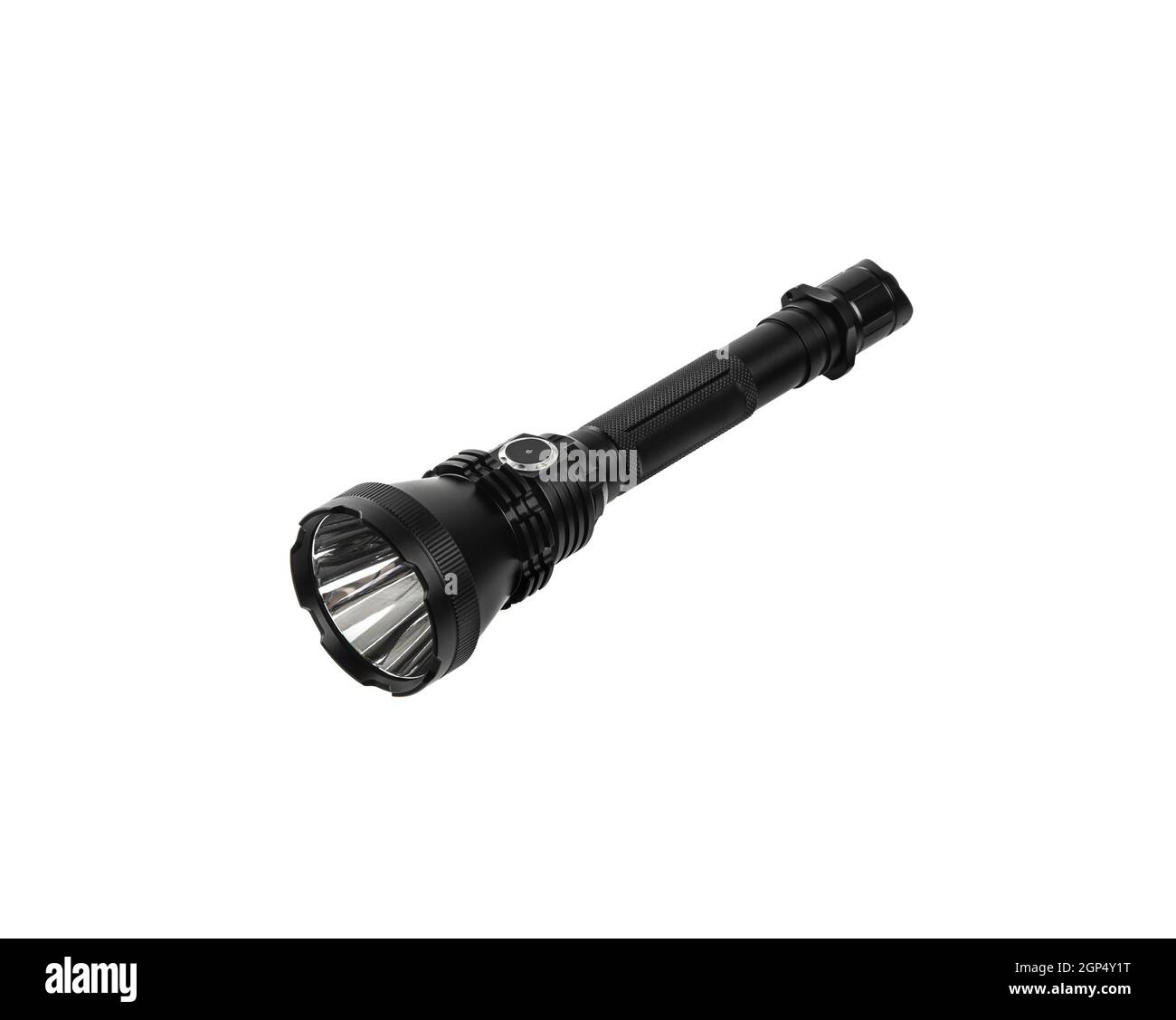 Modern metal LED flashlight in black color. Portable flashlight isolate ...
